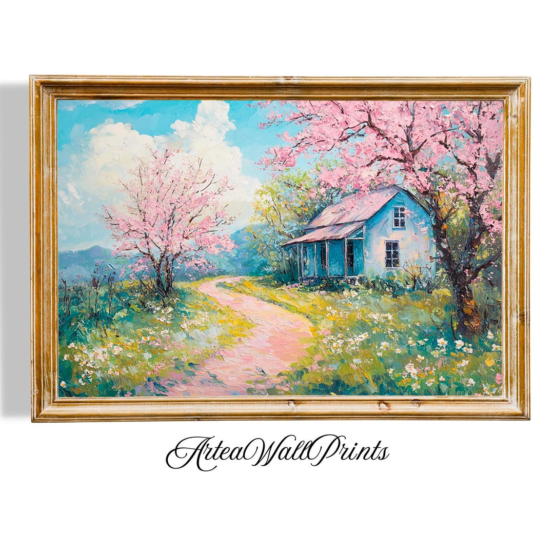 Spring Cottage Wall Art Print | Vintage Landscape Painting | Rustic ...