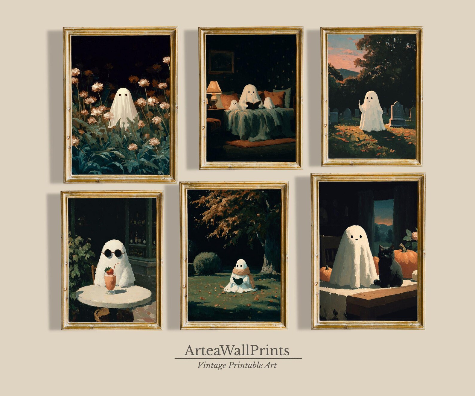Cute Ghosts Printable Wall Art Set – Vintage Halloween Gallery – Spooky ...