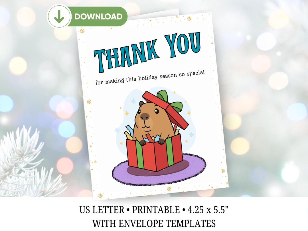 Capybara Christmas Thank You Card (PDF): Holiday Present, Blank Inside ...