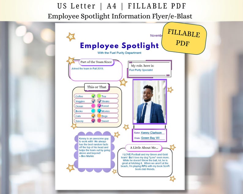 Employee Spotlight Fillable PDF Template: Staff Recognition, Team ...