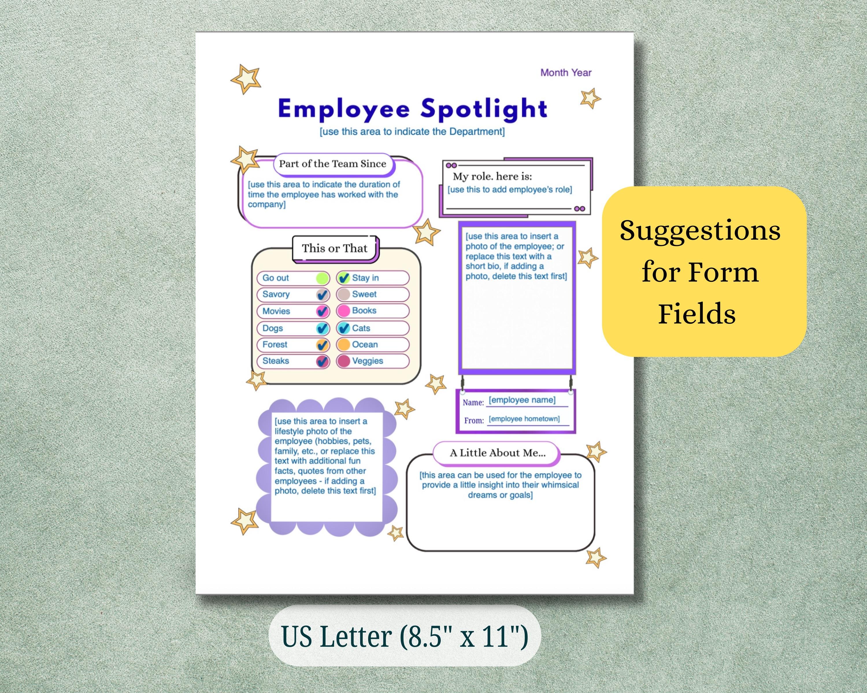 Employee Spotlight Fillable PDF Template: Staff Recognition, Team ...