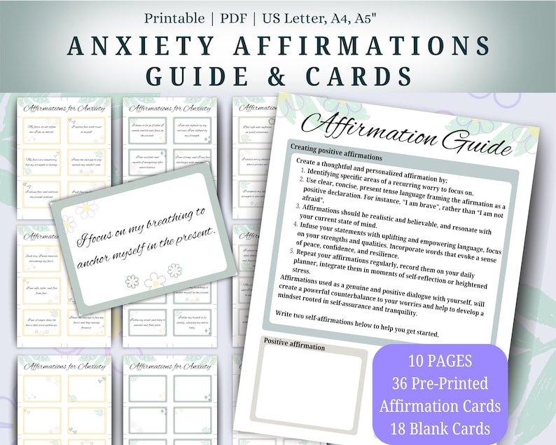 Anxiety Affirmation Cards: Printable Mental Health Guide (US Letter, A4 ...