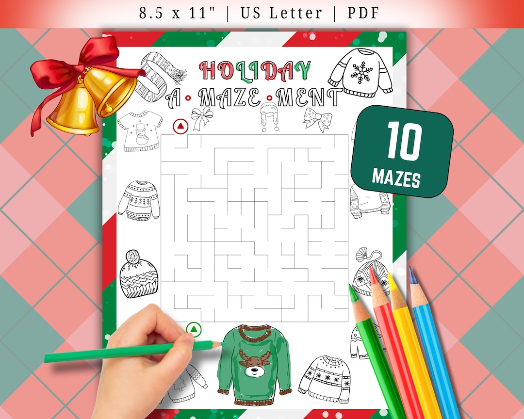 Christmas Maze Printable Set for Kids: Coloring Pages & Answer Key (PDF ...