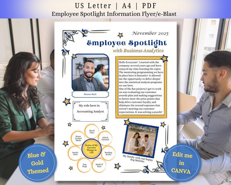 Employee Spotlight Template Canva: Blue & Gold Staff Recognition ...