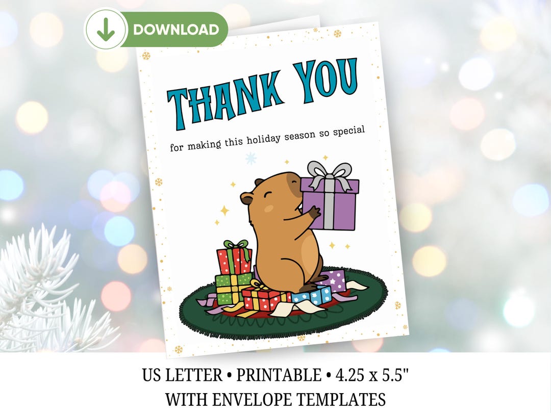 Capybara Christmas Thank You Card: (printable Holiday PDF With Envelope ...