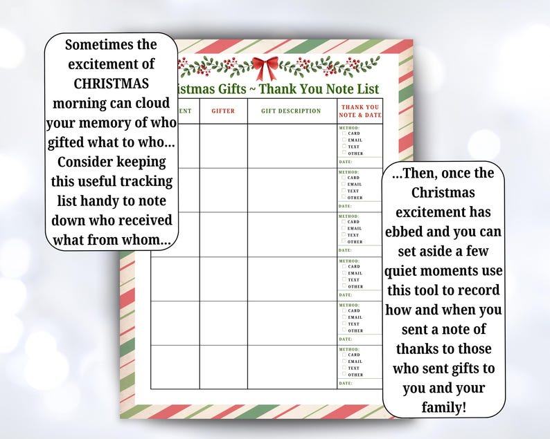 Christmas Thank You Tracker: Printable Gratitude Note List (A4 & US ...