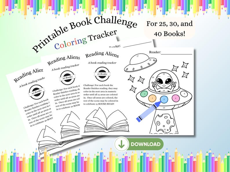 Printable Book Challenge Tracker Coloring Page | Aliens Book Tracker ...