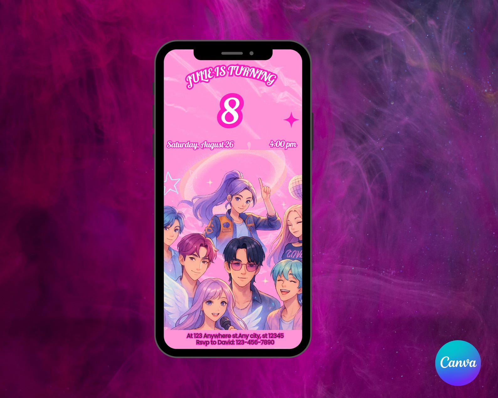 K-pop Birthday Invitation Template | Pink Anime Pop Star Party Canva ...