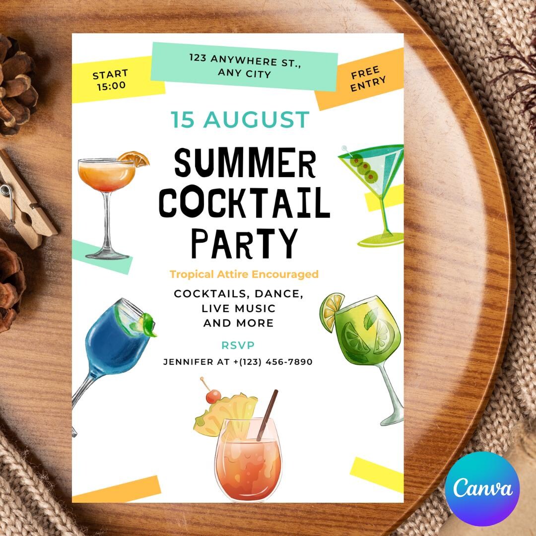 Editable Summer Cocktail Party Invitation | Tropical Attire Theme ...