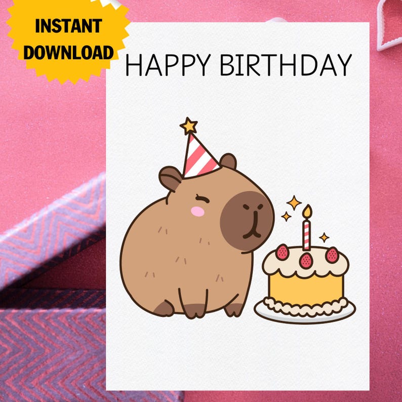 Printable Capybara Birthday Card Cute Animal Birthday Card Instant ...