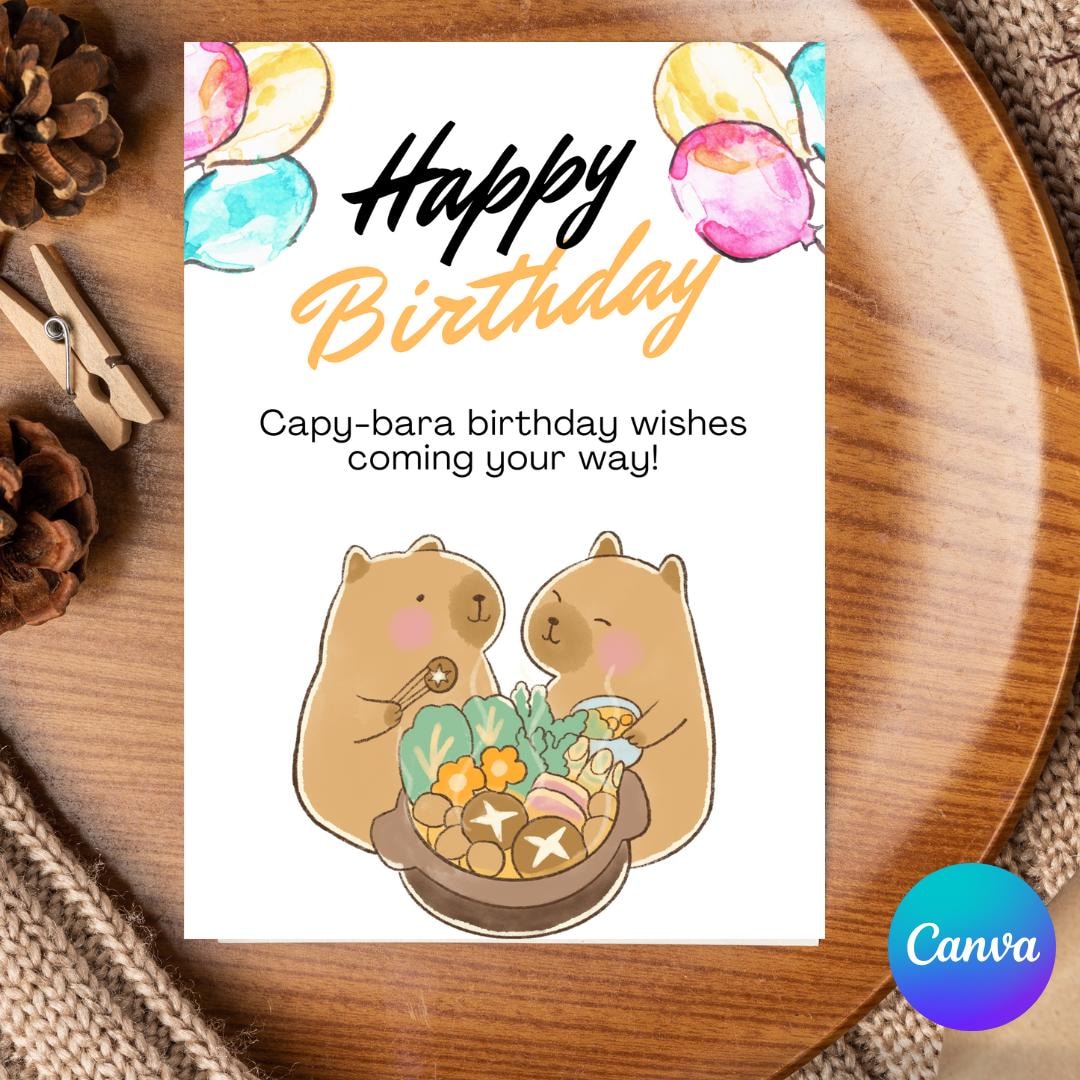 Capybara Birthday Card Template Editable Canva Link Happy Birthday ...
