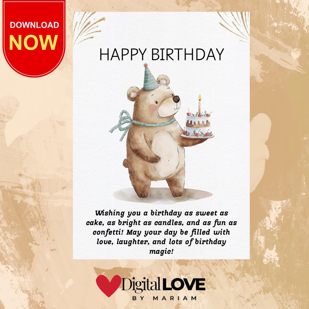 Printable Birthday Card Cute Bear Birthday Card Instant Download 5x7 ...