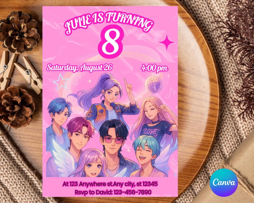 K-pop Birthday Invitation Template | Pink Anime Pop Star Party Canva ...