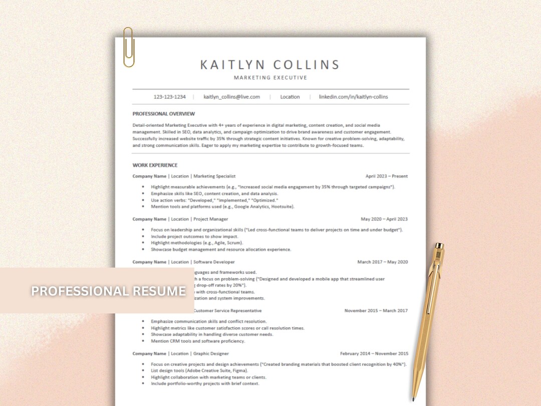 Simple Resume US Letter Size 8.5x11 Basice, Minalmist Template Word, Google Docs Download, Edit ...