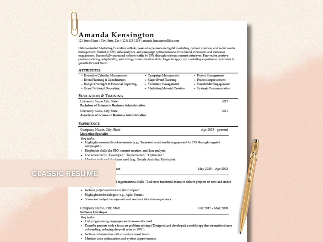Classic Resume | US Letter Size 8.5x11 | Basice, Minalmist Template | Word, Google Docs ...
