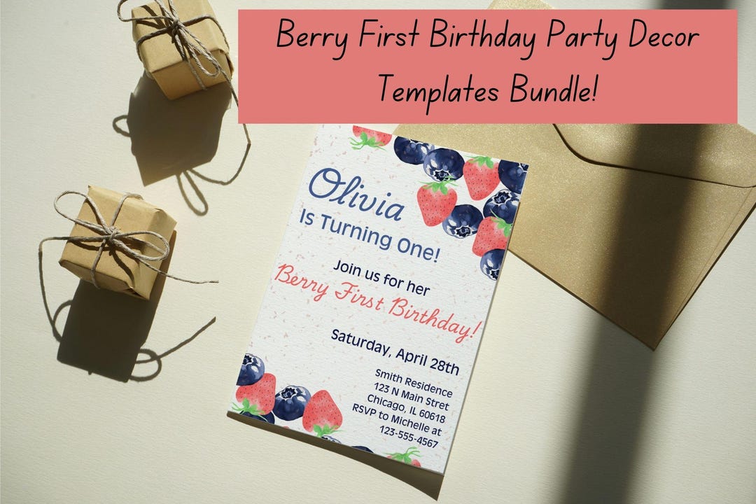 Editable Berry First Birthday Digital Birthday Bundle Customizable ...