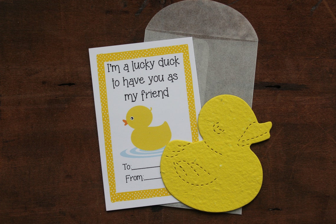 Duckie Valentines- SET OF 8 - Includes Color Printed Card, Seed Paper ...