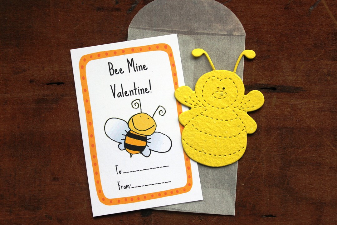 Bee Valentines- SET OF 8 - Includes Color Printed Card, Seed Paper, and ...