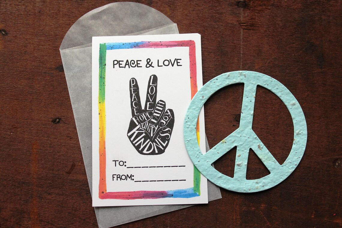 Peace Sign Valentines- SET OF 8 - Includes Color Printed Card, Seed ...