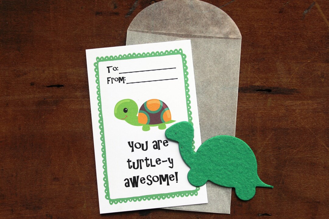 Turtle Valentines- SET OF 8 - Includes Color Printed Card, Seed Paper ...