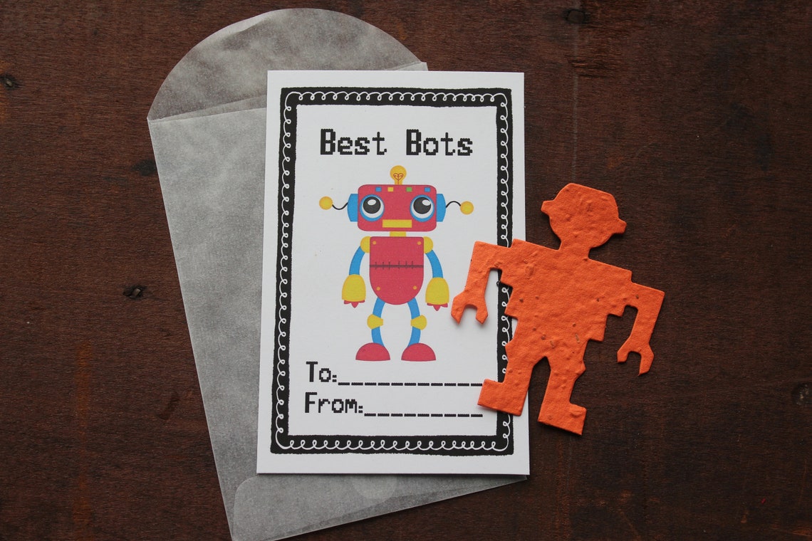 Robot Valentines- SET OF 8 - Includes Color Printed Card, Seed Paper ...
