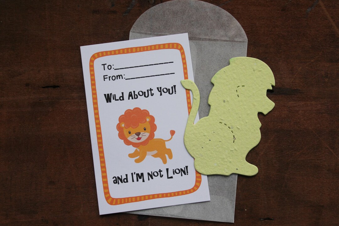 Lion Valentines- SET OF 8 - Includes Color Printed Card, Seed Paper ...