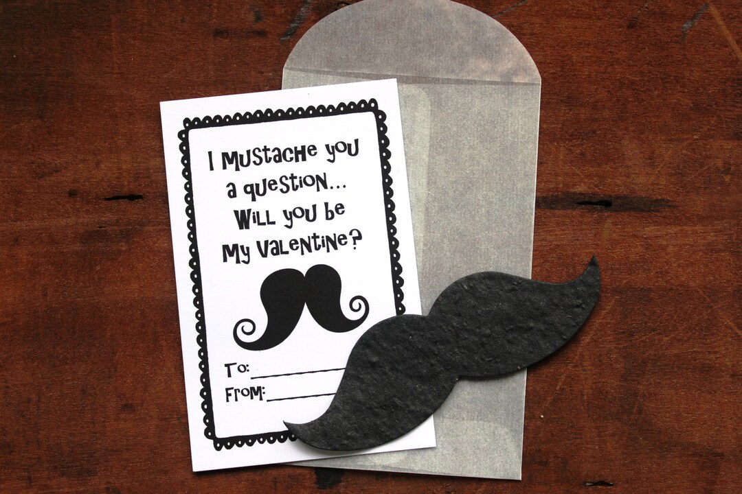 Mustache Valentines- SET OF 8 - Includes Color Printed Card, Seed Paper ...