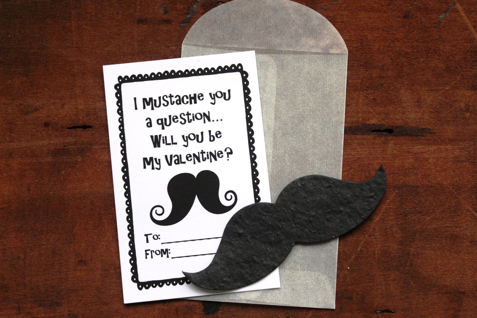 Mustache Valentines- SET OF 8 - Includes Color Printed Card, Seed Paper ...