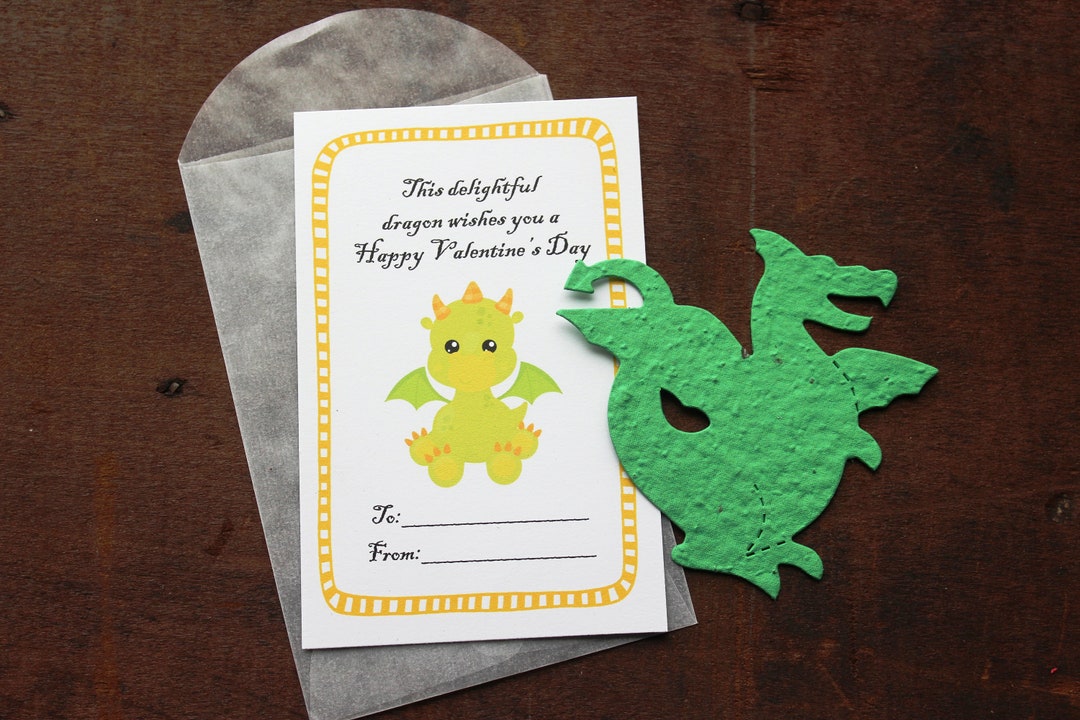 Dragon Valentines- SET OF 8 - Includes Color Printed Card, Seed Paper ...