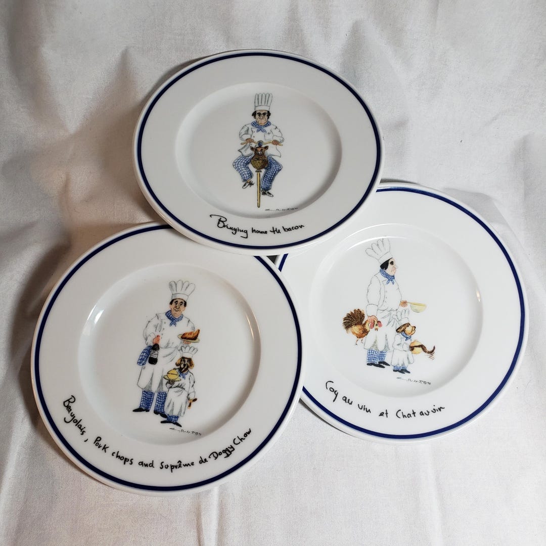 3 Guy Buffet Chef With Dog Appetizer Plates - Eschenbach Germany (1998 ...