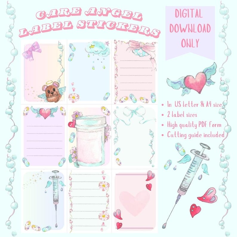 Care Angel Label Sticker Printable| Cute Kawaii Sticker Download| A4 ...