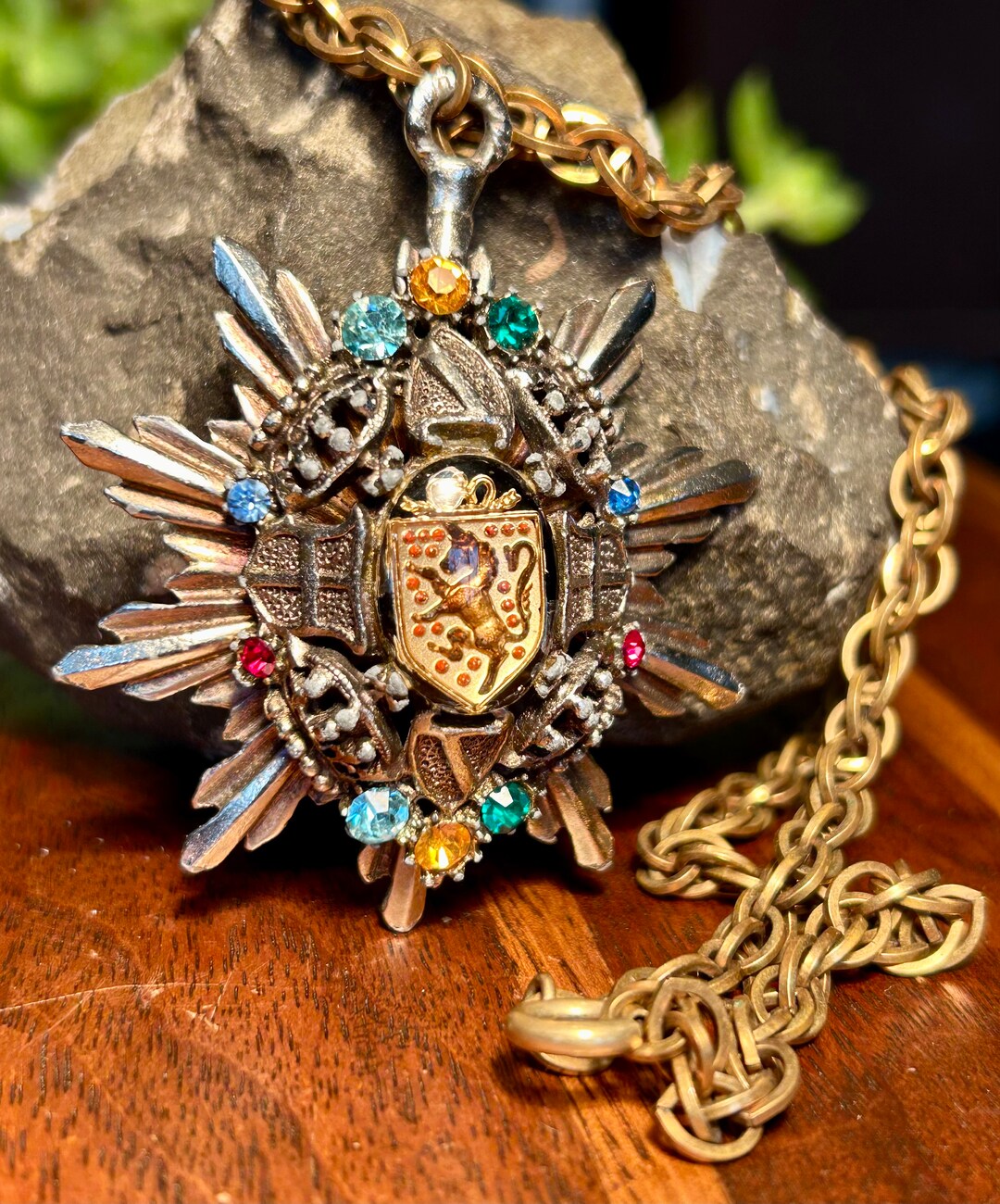 Vintage Unicorn Shield Medallion Ornate Gemstones Retro Horse Pendant ...