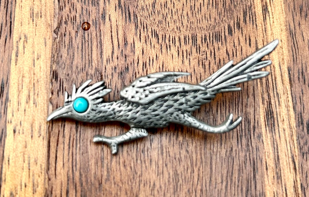 Vintage Pewter Roadrunner Pin Brooch Turquoise Eye J Ritter Mid Century ...