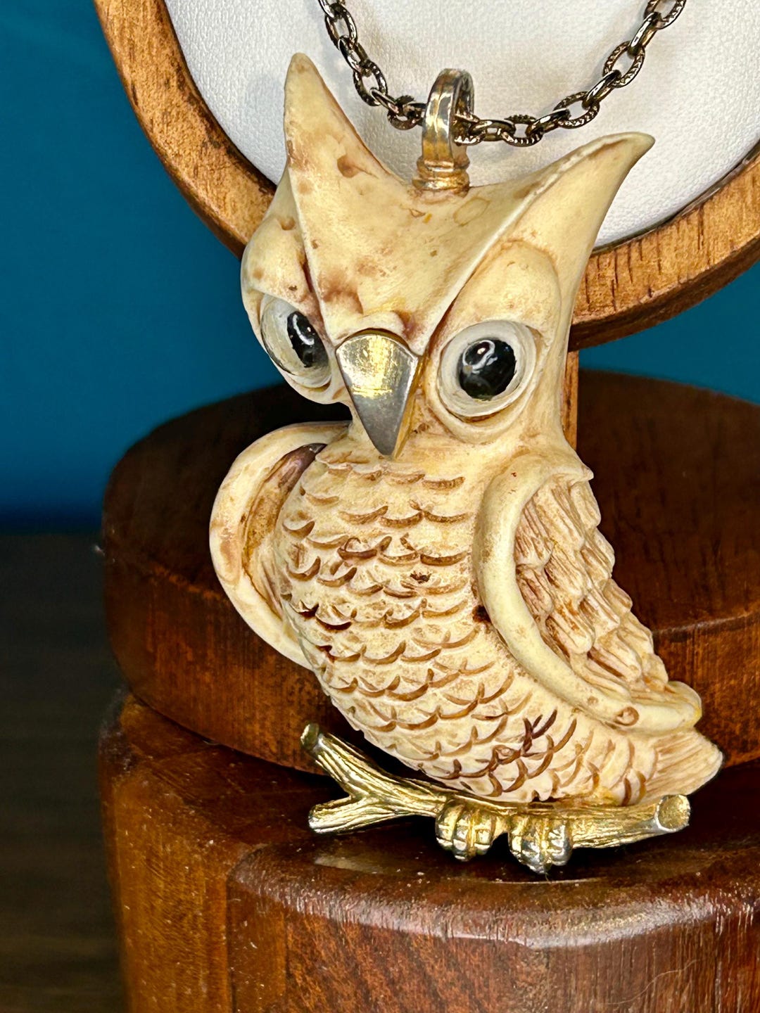 Luca Razza Owl Pendant Necklace Molded Resin Googly Eyes Signed 70s ...