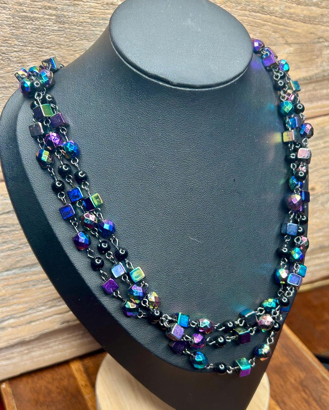 Iridescent Beaded Necklace Square Beads Faceted Plastic Beads Aurora ...