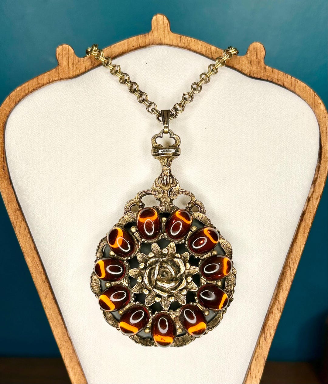 Vintage Medallion Pendant Necklace Orange Glass Cabochons Reversible ...