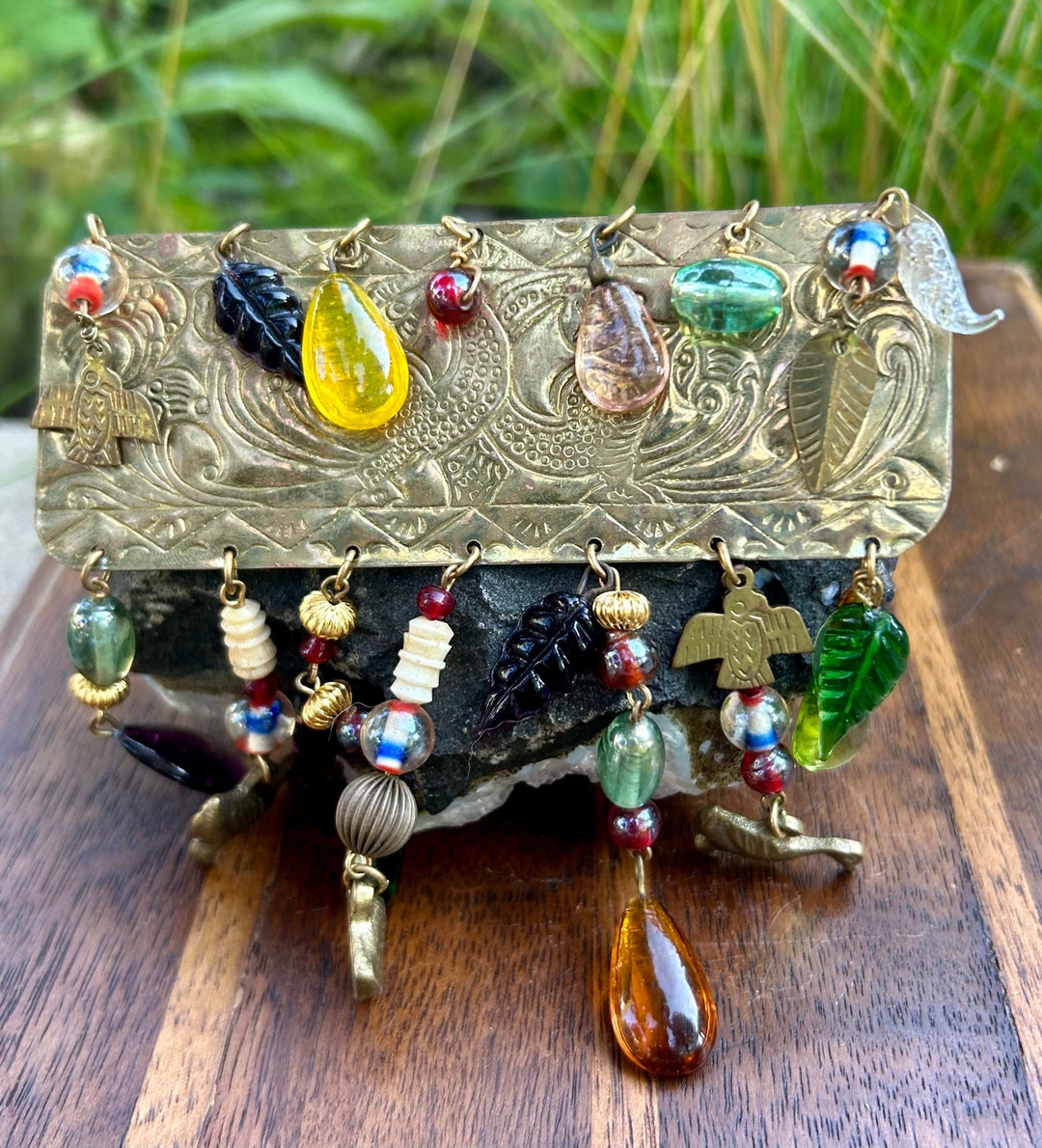Vintage Large Brass Charm Brooch Hand Crafted Thunderbird Glass Charms ...