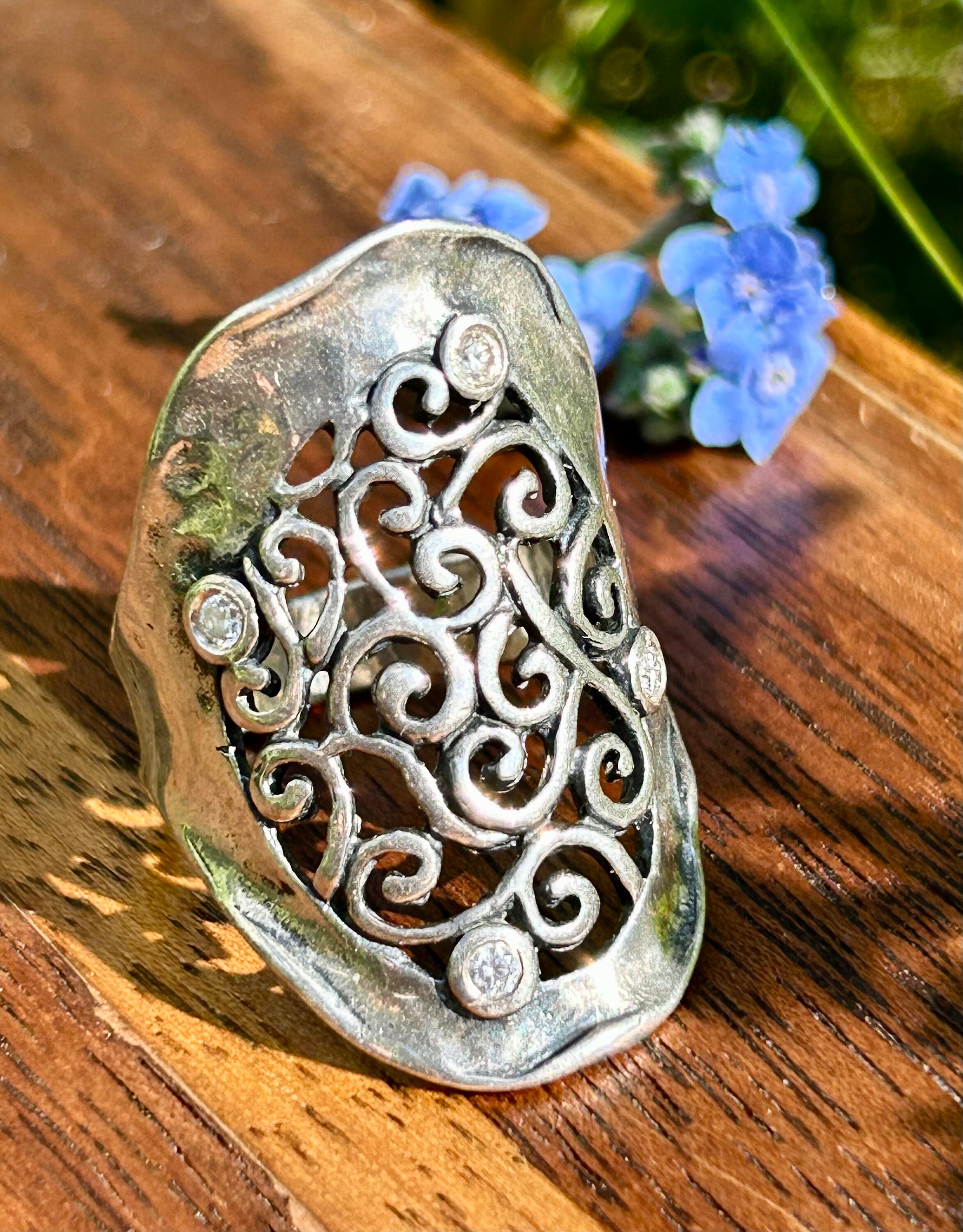 Vintage Sterling Silver Filigree Ring Rhinestones Half Finger Ring Art ...