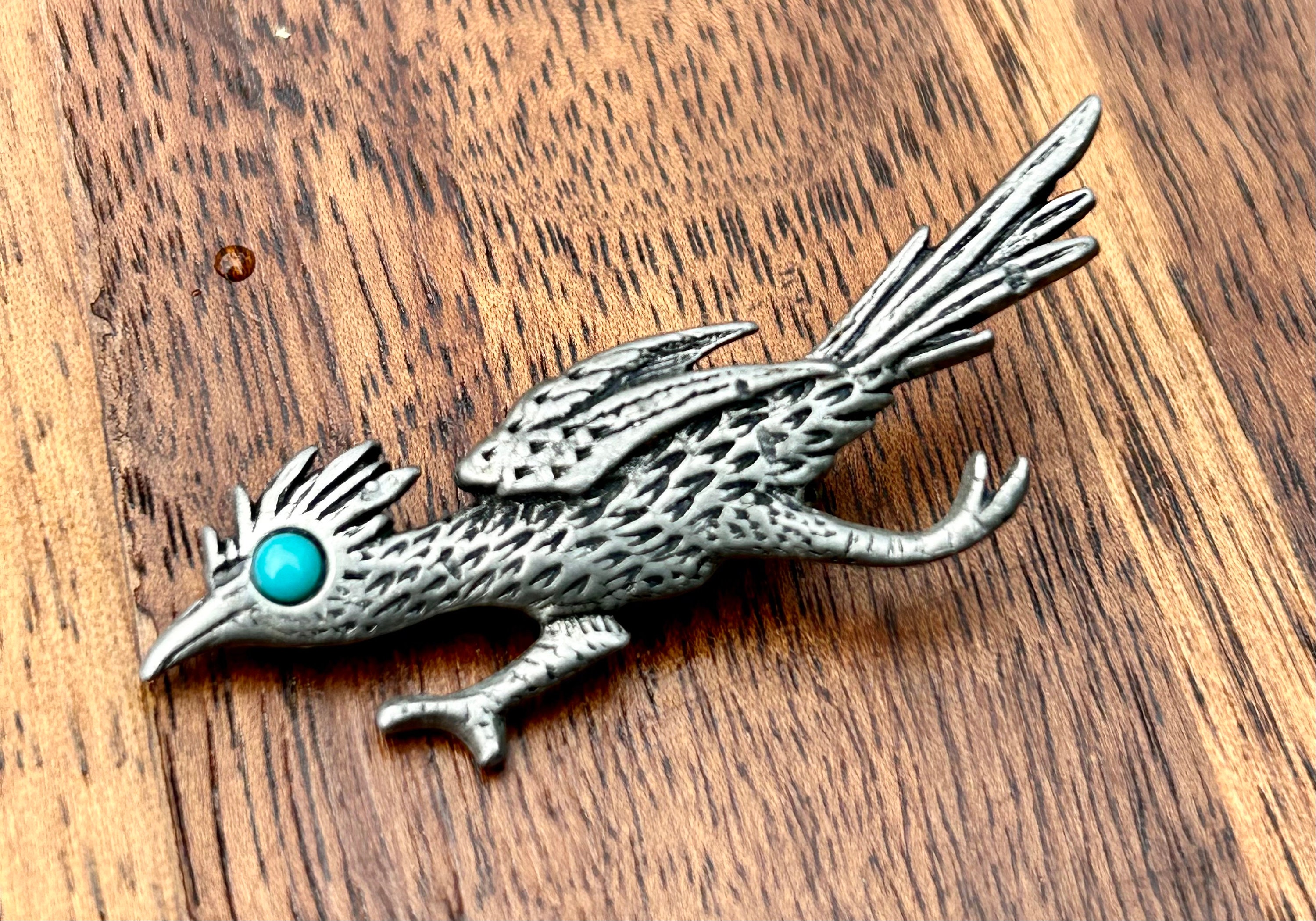 Vintage Pewter Roadrunner Pin Brooch Turquoise Eye J Ritter Mid Century ...