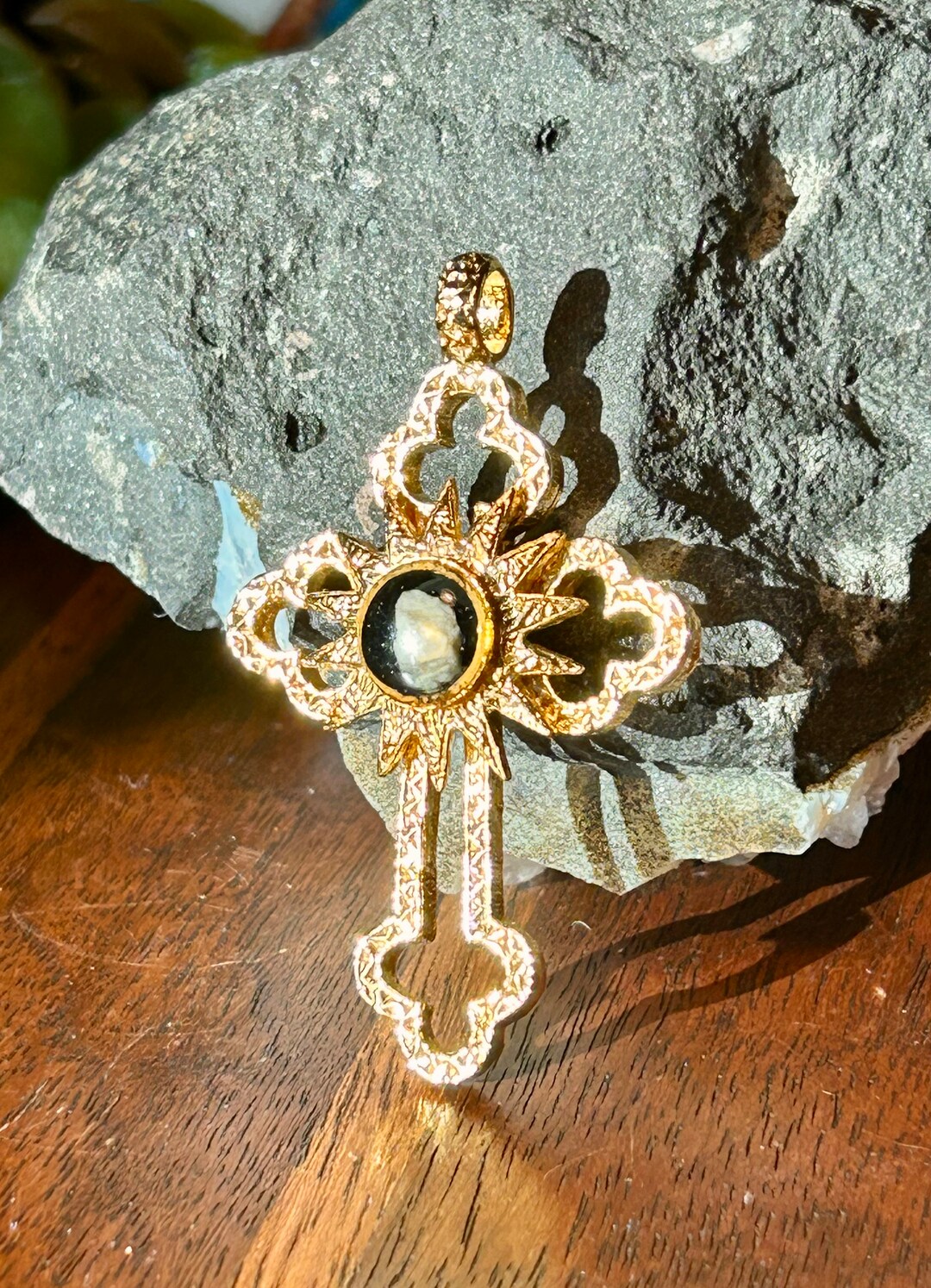 Gold Plated Cross Relic Stone From Bethlehem Vintage Cross Pendant ...