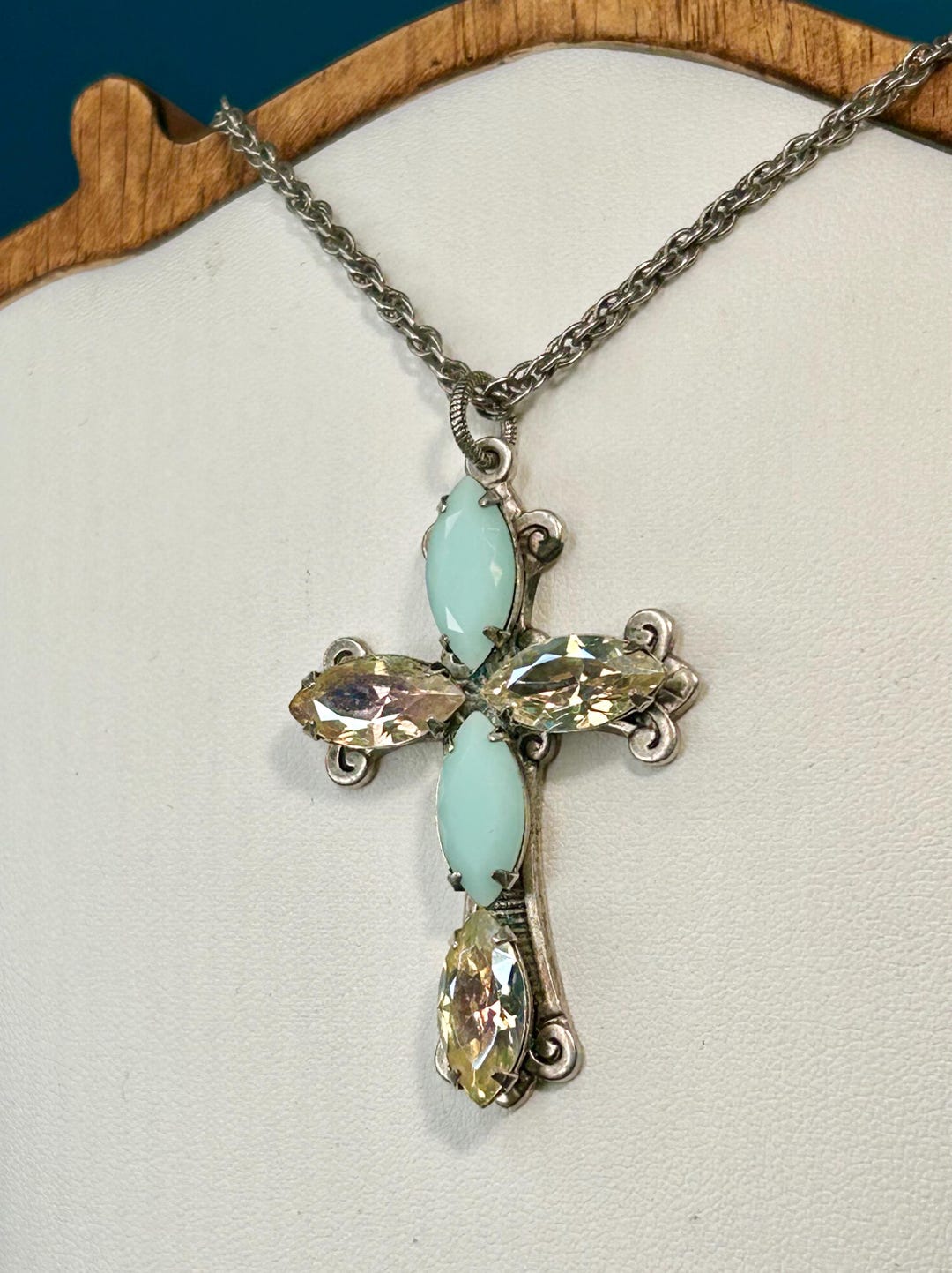 Crystal Cross Pendant Necklace Lizpaiacios SF Blue and Iridescent Clear ...