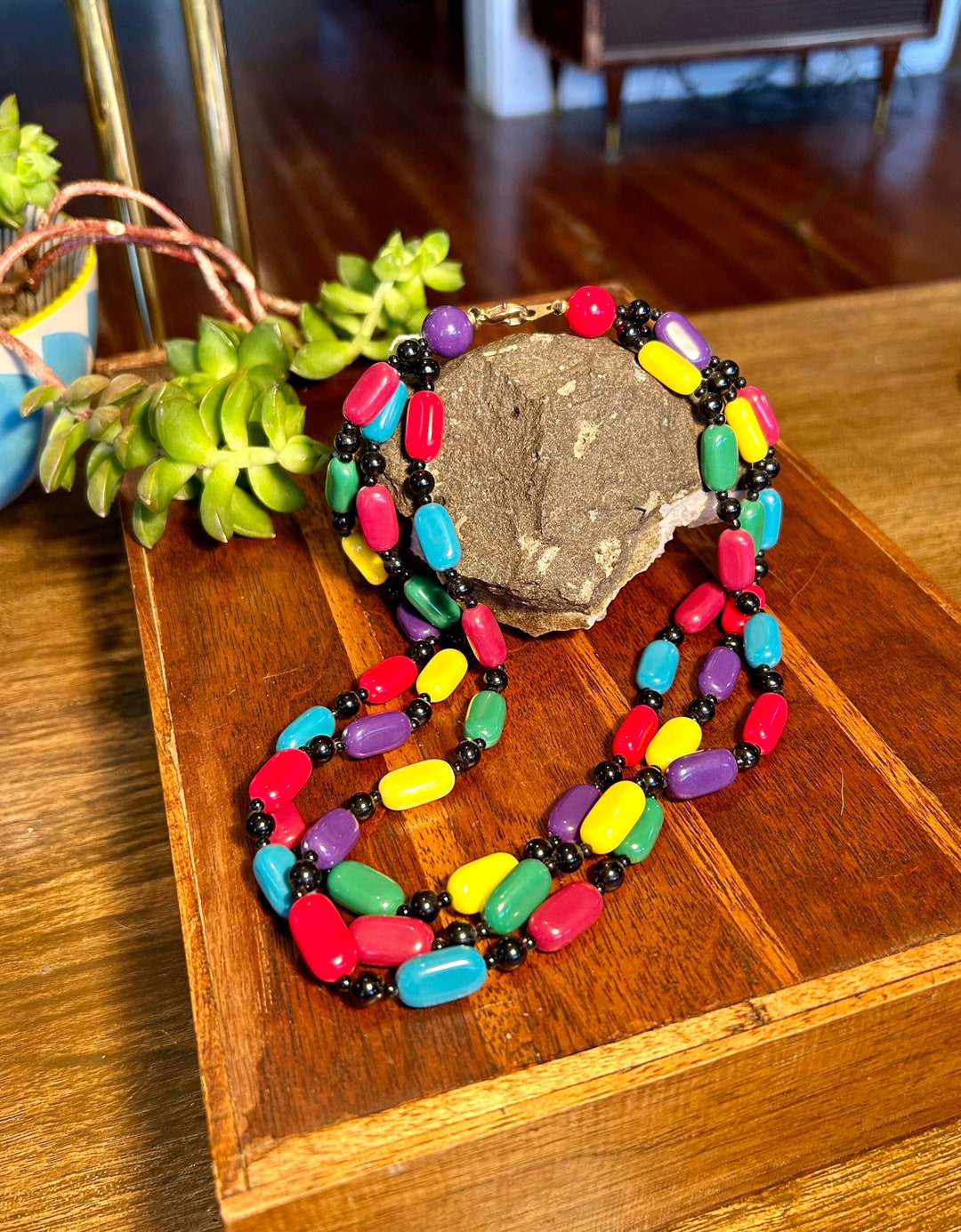 90s Beaded Necklace Bright Color Plastic Beads Teal Purple Magenta ...