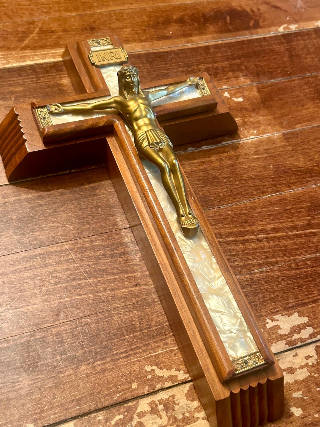 Vintage Sick Call Crucifix Cross Mother of Pearl Inlay Mid Century ...