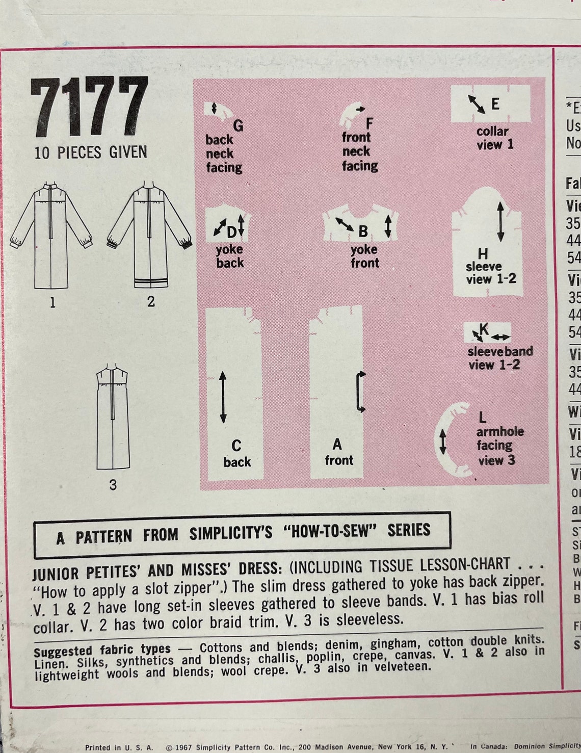 Simplicity 7177 UNCUT Vintage Sewing Pattern for Misses Dress Bust 34 ...