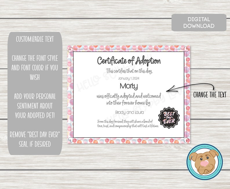 Dog Adoption Certificate Printable Pet Adoption Document Cat - Etsy