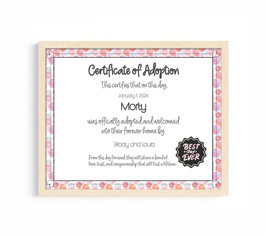 Dog Adoption Certificate, Printable Pet Adoption Document, Cat Adoption ...