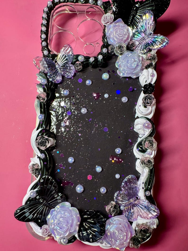 Glam Baroque Gothic Decoden Phone Case /black Glitter Pearlcore Case ...