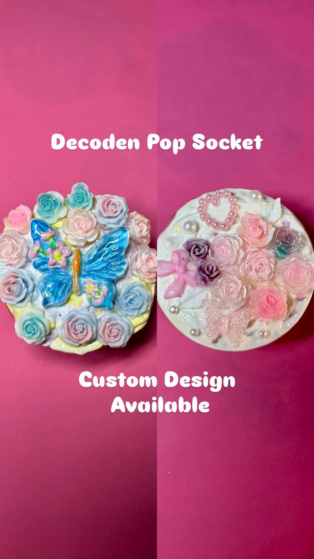 Decoden Pop Socket | Handmade Kawaii Phone Grip | Butterfly & Rose ...
