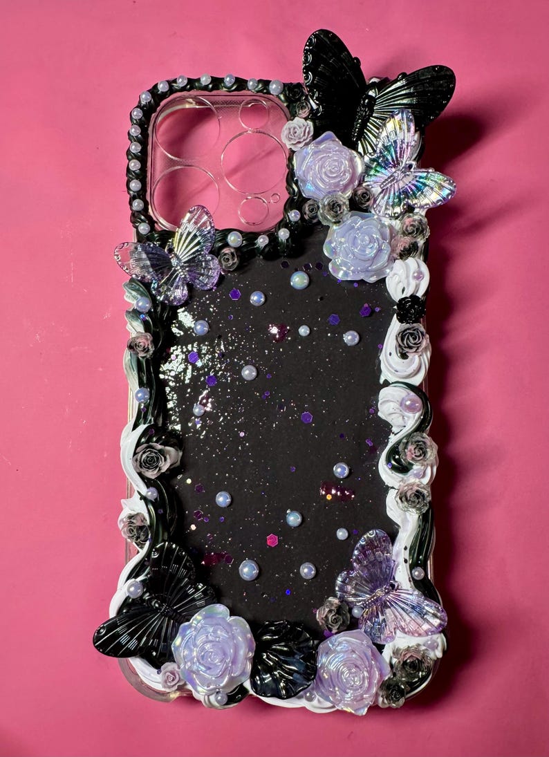 Glam Baroque Gothic Decoden Phone Case /black Glitter Pearlcore Case ...