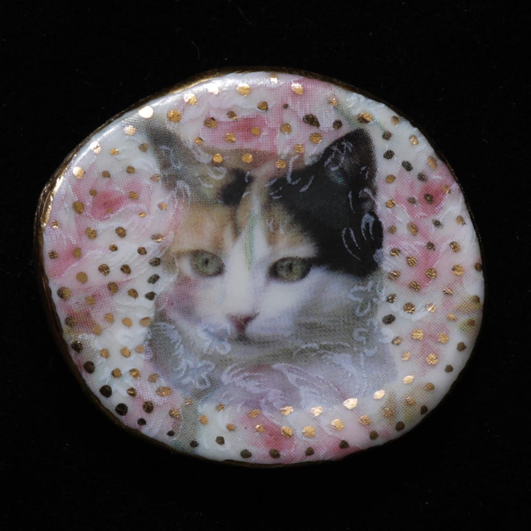 Studio Porcelain Cat Button Gold Pink Flowers - Etsy